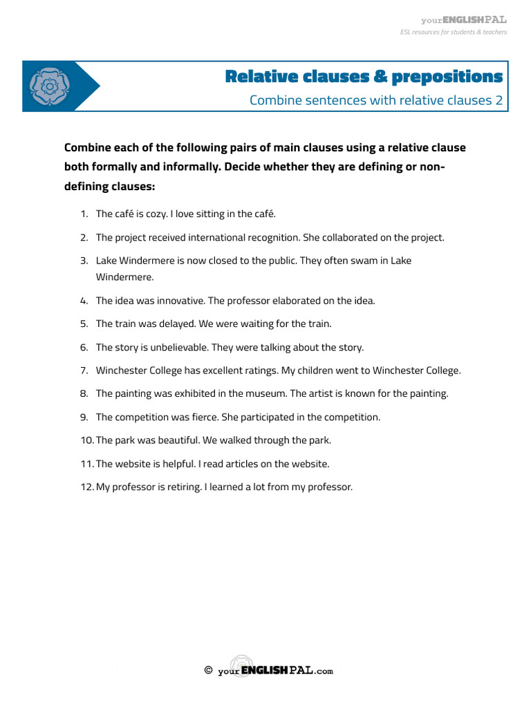Your English Pal Grammar Worksheet Relative Clauses Prepositions ...
