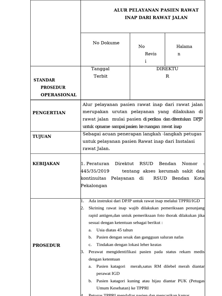 Sop Alur Pelayanan Pasien Rawat Inap Dari Rawat Jalan | PDF