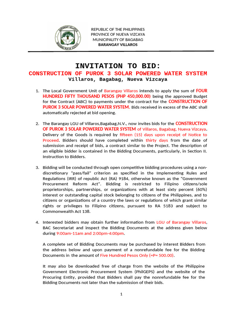 Construction of Purok 3 Solar Powered Water System | PDF | Specification (Technical Standard ...