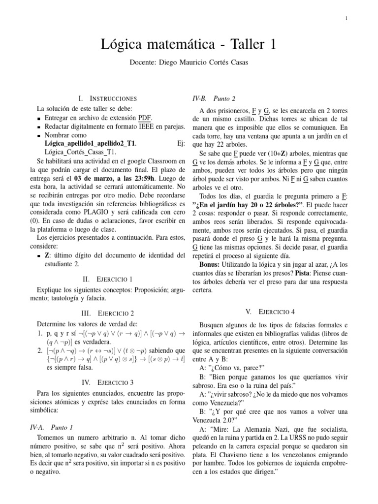 Lógica Matemática - Taller 1 | PDF | Proposición