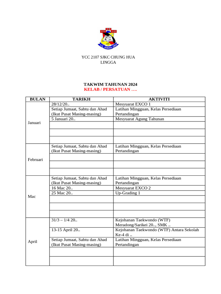 Takwim Tahunan 2024 SJKC Chung Hua | PDF