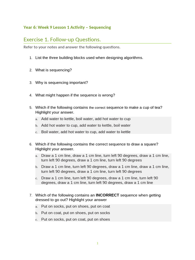 (Template) Yr6 Week 9 Lesson 1 Activity - Sequencing | PDF | Algorithms | Applied Mathematics