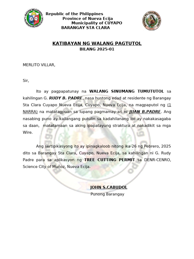 Katibayan NG Walang Pagtutol Barangay | PDF