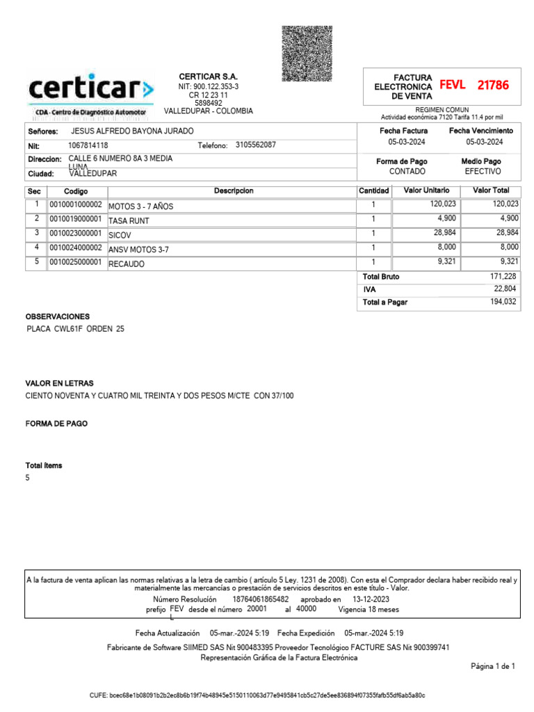 Factura Electrónica de Venta Motos 3-7 Años | PDF