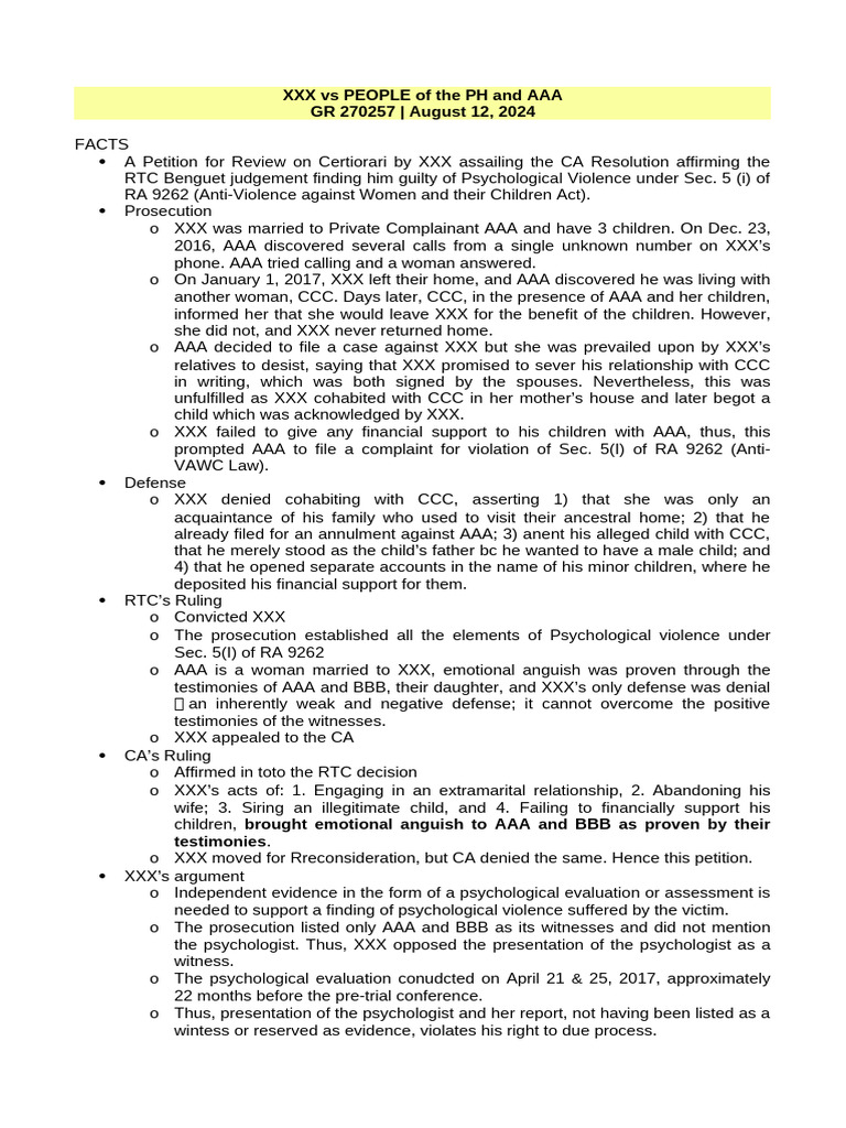 Psychological Violence in RA 9262 Case | PDF | Child Custody | Crimes