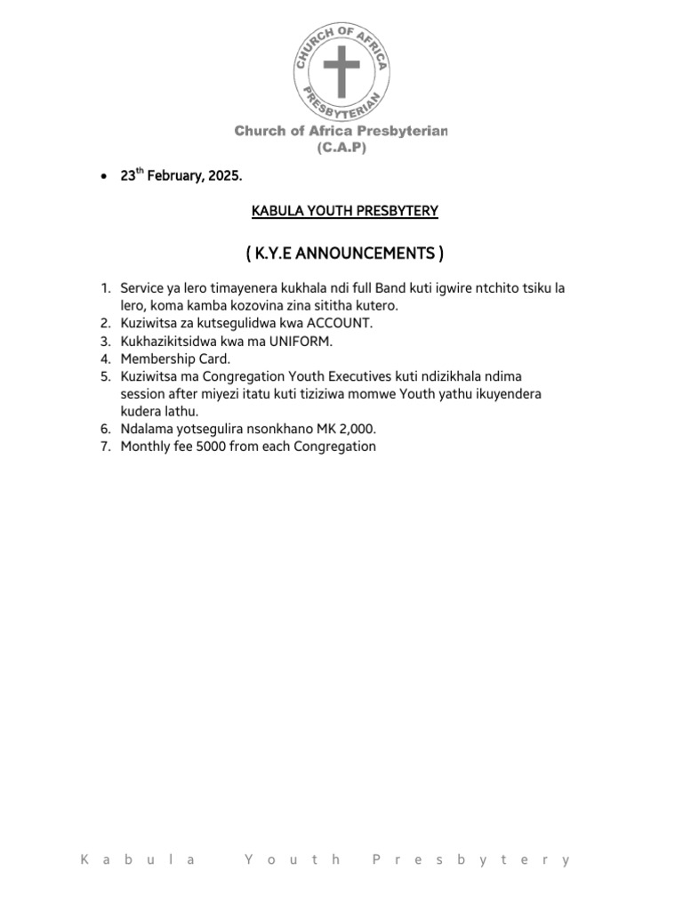 Kabula Youth Announcements | PDF