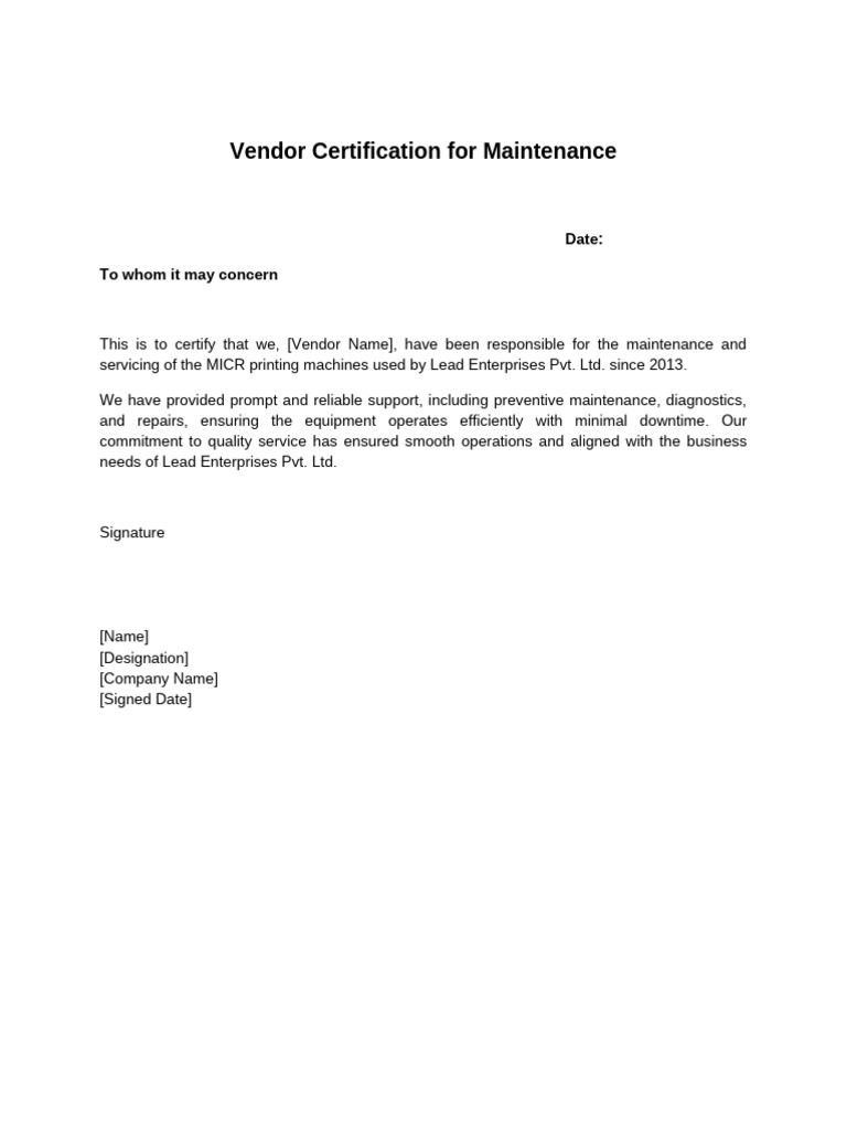 Format For Vendor Certification | PDF