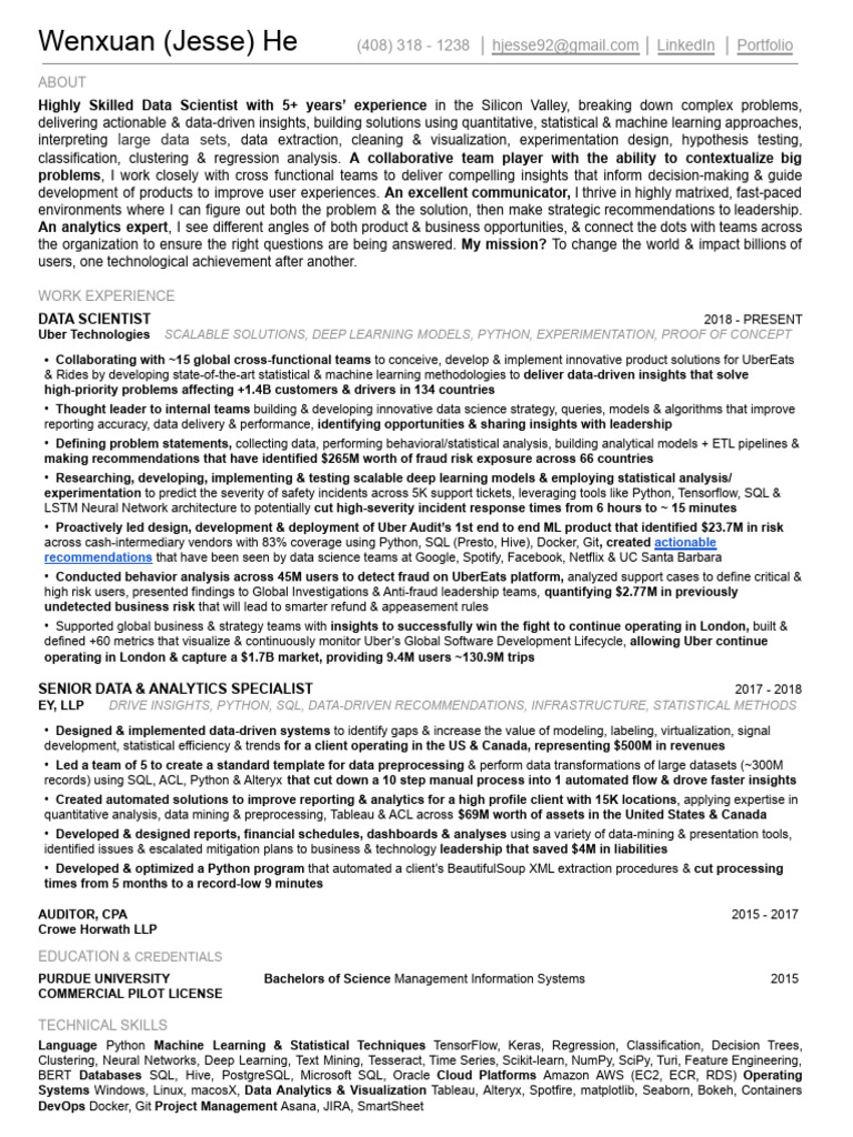 Jesse He Data Scientist Resume 2021 | PDF | Data Science | Machine Learning