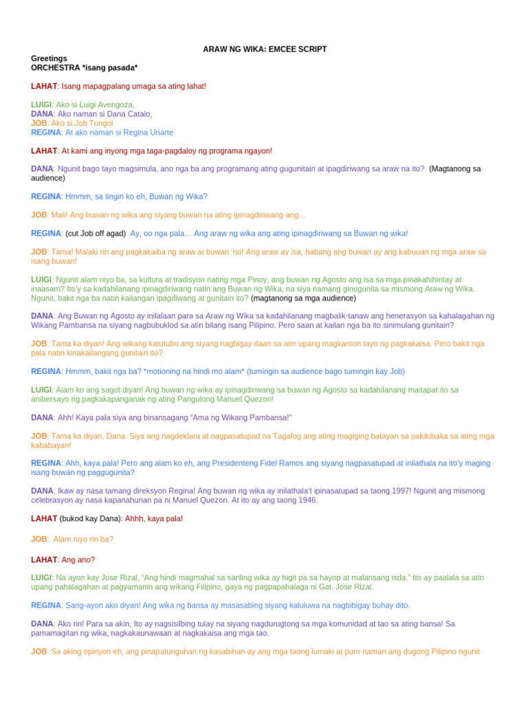 ARAW NG WIKA EMCEE SCRIPT | PDF