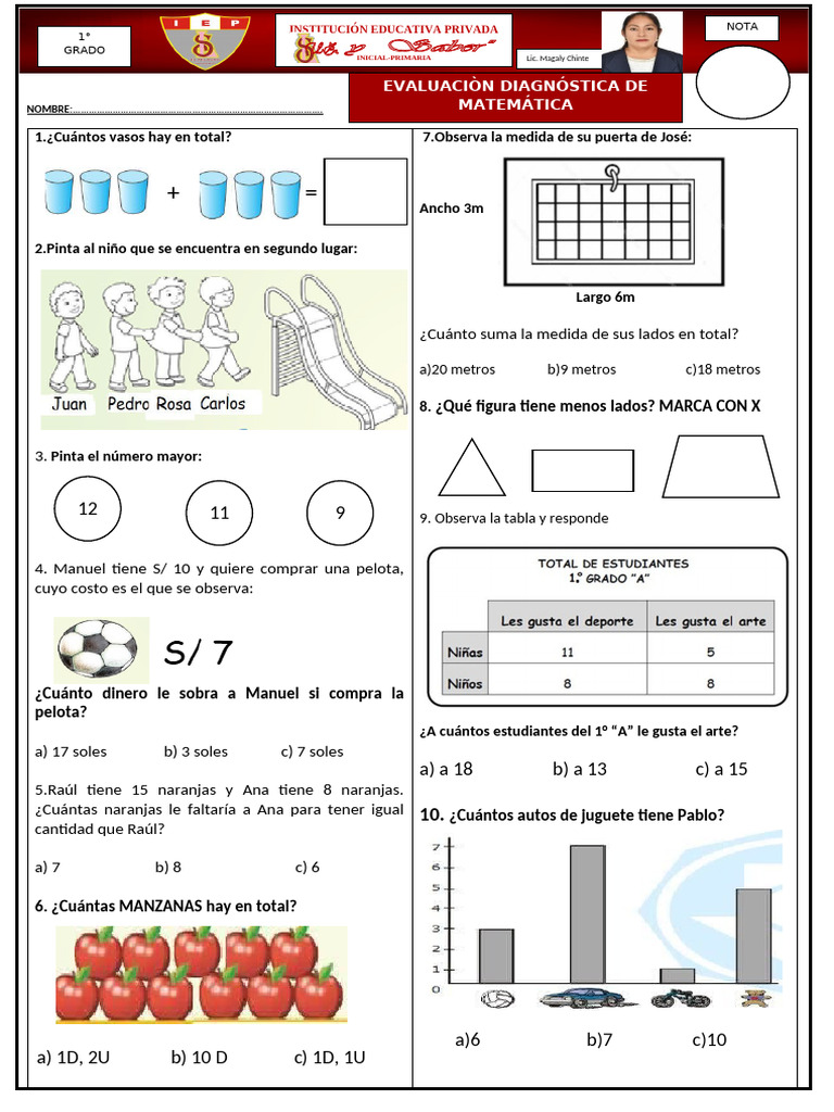 Evaluación Diagnóstica de Matemáticas 1° Grado | PDF