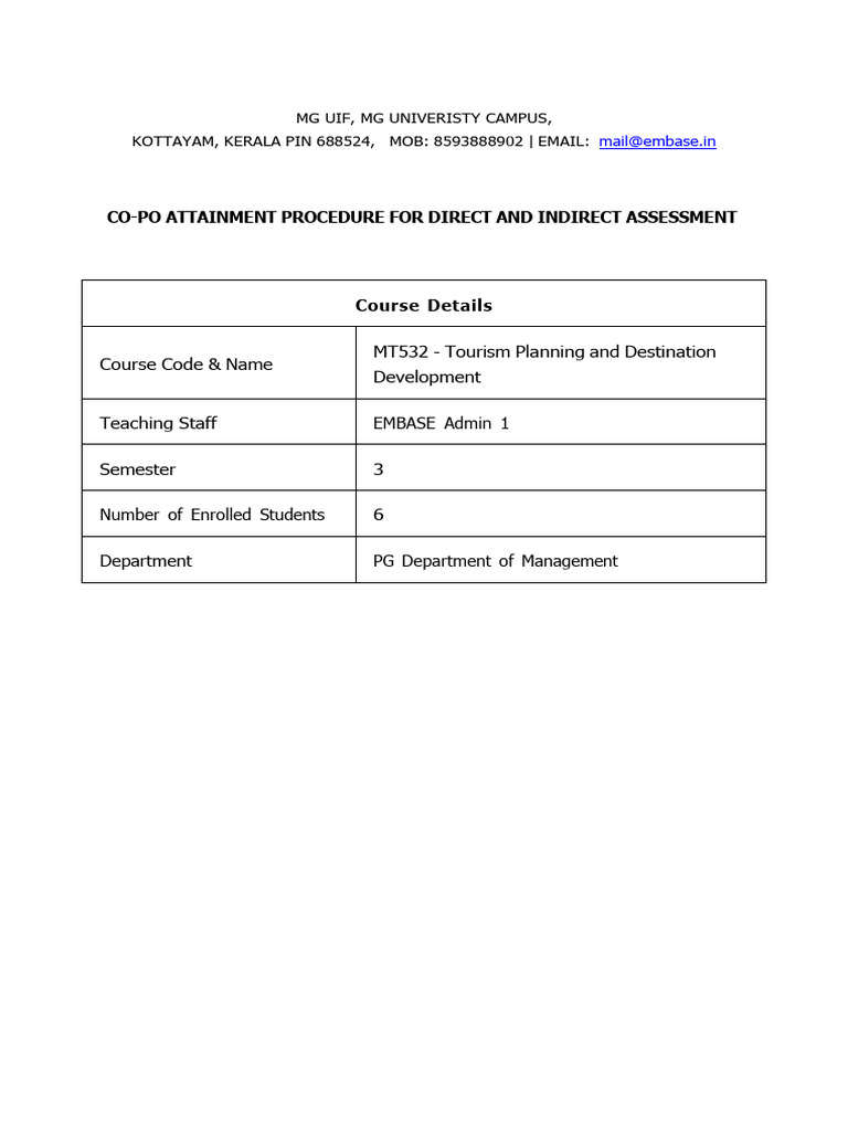 Course Outcome Attainment in Tourism Management | PDF | Learning ...