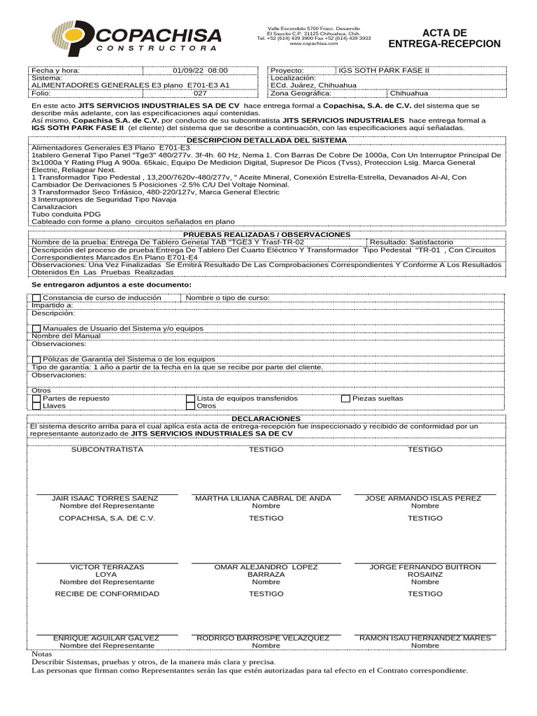 Acta Entrega E701-E3 Tableros General Tge3 | PDF | Transformador | Electricidad
