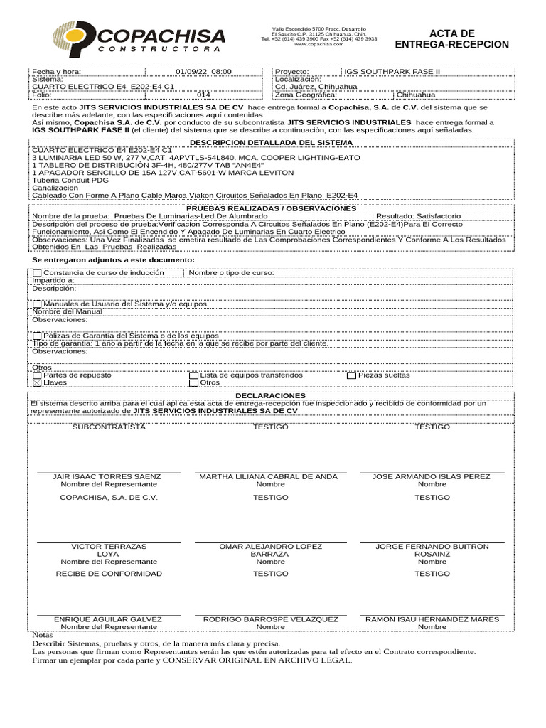 ACTA ENTREGA E202-E4 C1 CUARTO ELECTRICO | PDF