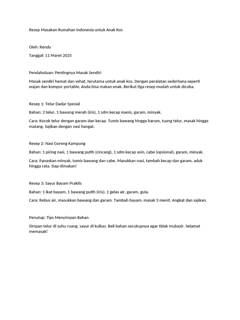 Resep Masakan Rumahan Indonesia Untuk Anak Kos | PDF