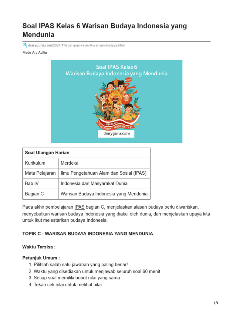 Soal IPAS Kelas 6 Warisan Budaya Indonesia Yang Mendunia | PDF
