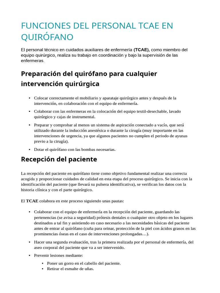 Funciones Tcae Quirofano | PDF | Enfermería | Teatro operando