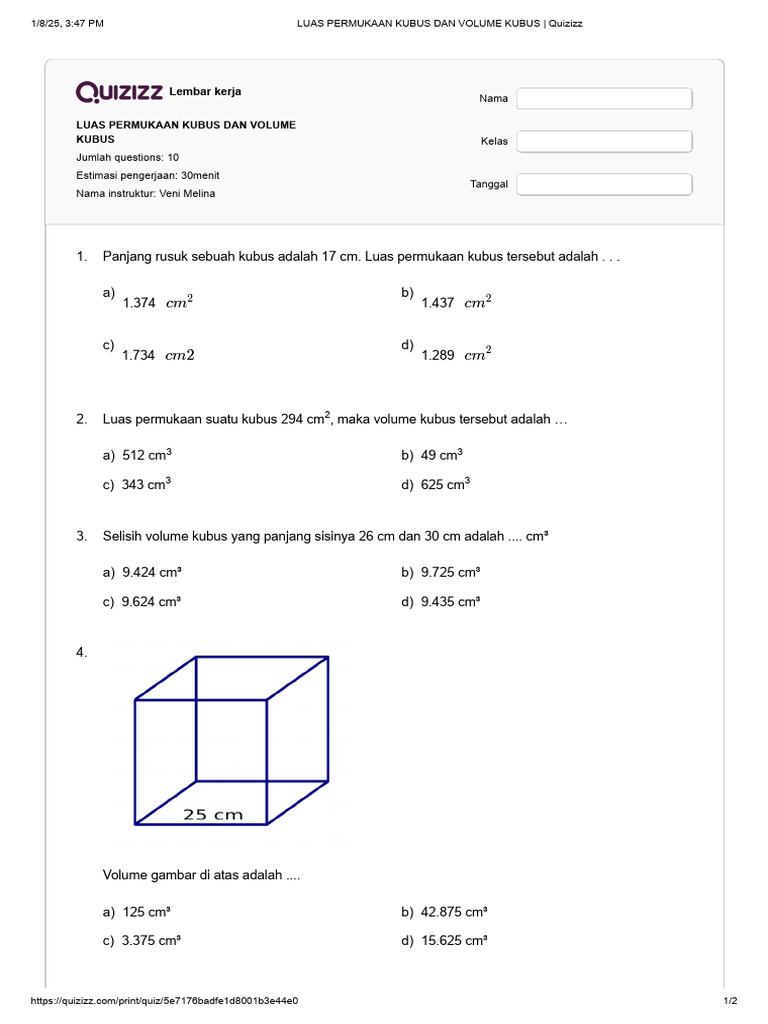 LUAS PERMUKAAN KUBUS DAN VOLUME KUBUS - Quizizz | PDF