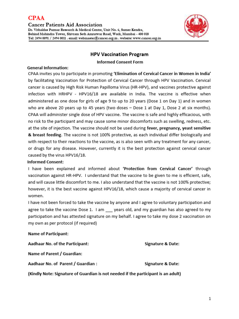 Consent Registration Form HPV Vaccination Program Sep 2022 | PDF ...