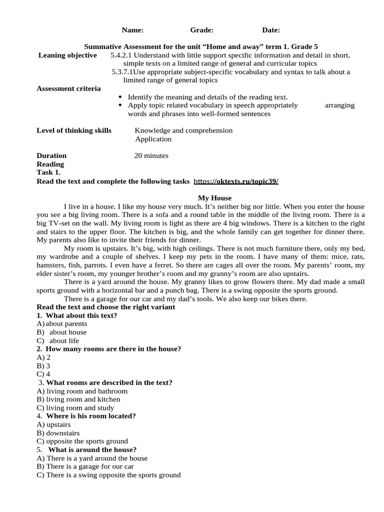 SA For The Unit "Home and Away" Term 1. Grade 5 | PDF | Vocabulary ...