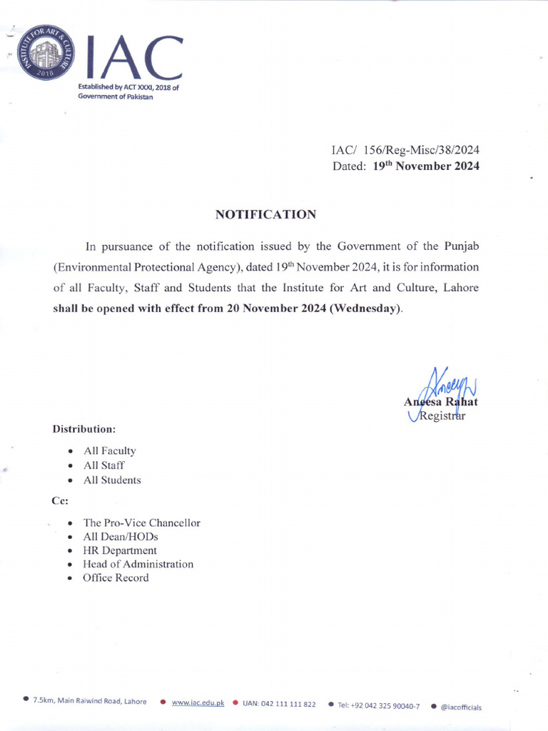 Notification-Opening of Institute For Art & Culture (20 November 2024 ...