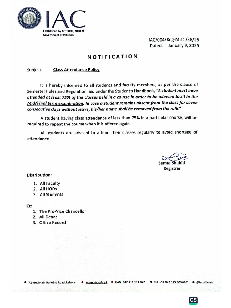 Notification - Class Attendance Policy | PDF