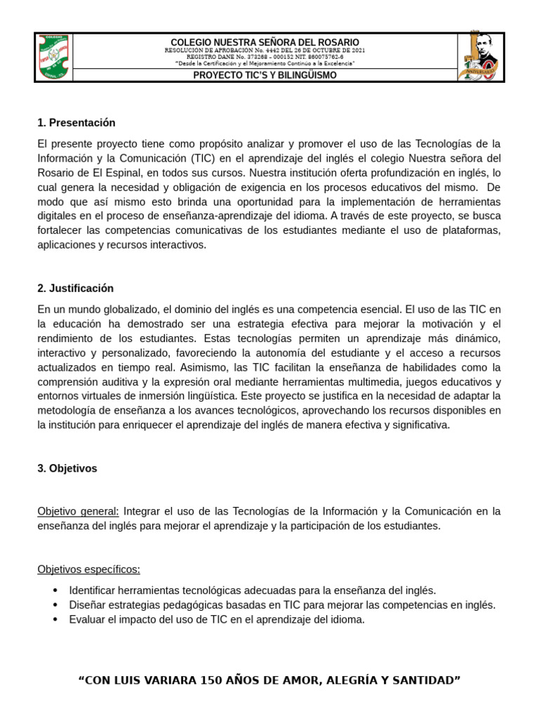 Borrador Proyecto Tics y Bilinguismo Colrosario 2025 | PDF | Enseñando ...