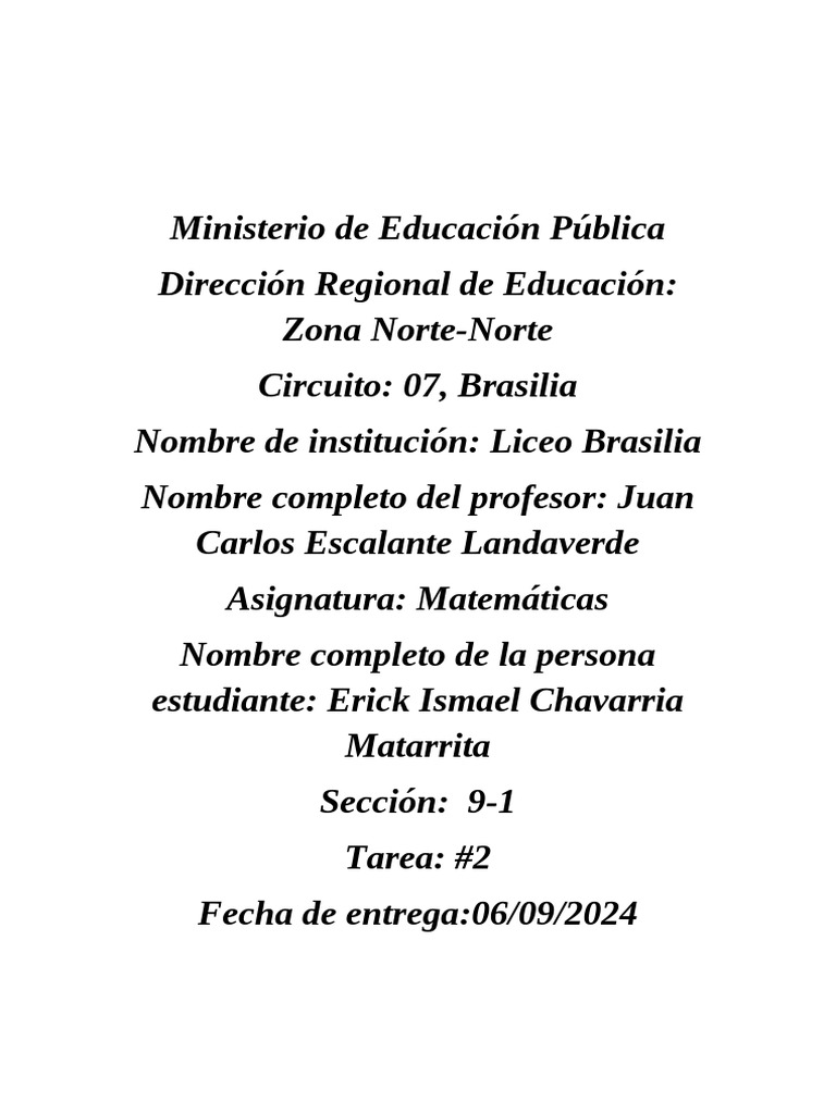 2 Tarea de Mate de 2 Periodo de Erick Ismael Chavarria Matarrita 9° | PDF