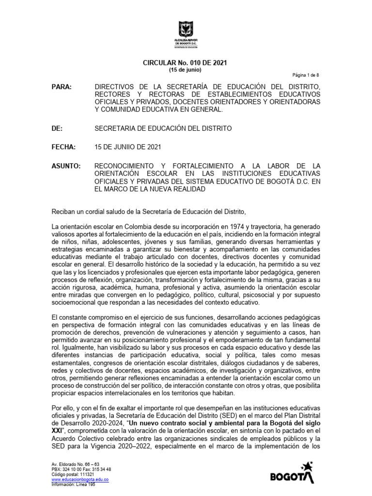Circular 10 de 2021 - Reconocimiento Labor Orientación Escolar | PDF ...