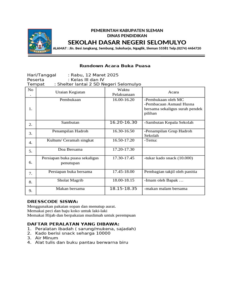 Rundown Acara Buka Bersama Kelas III Dan IV | PDF
