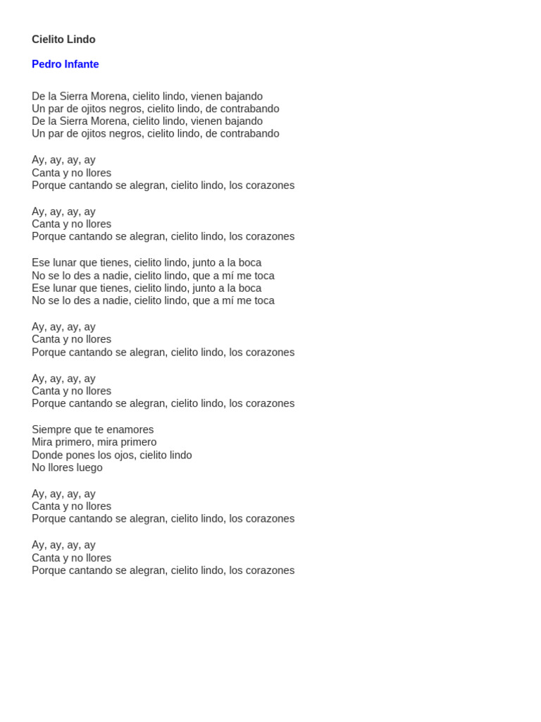 Letra de Cielito Lindo y su significado | PDF