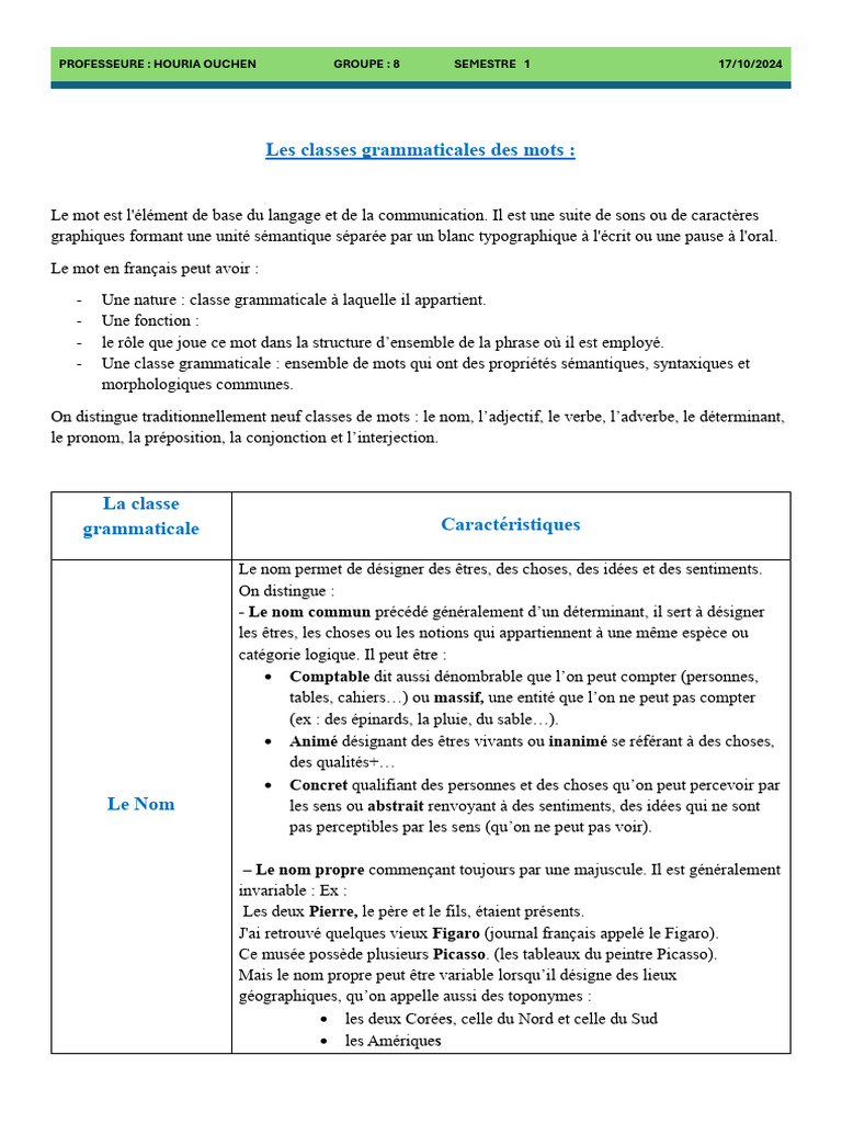 Les 10 classes grammaticales en français | PDF | Nom (grammaire ...