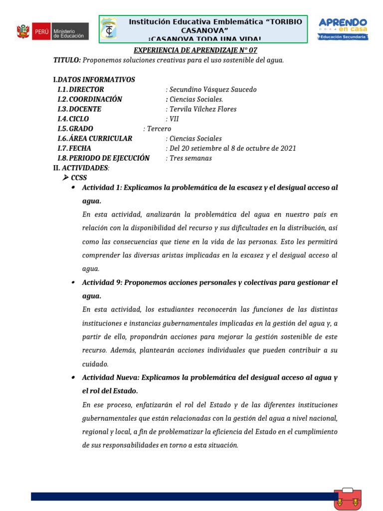 Exp. Aprend. #07 CCSS 3 | PDF | Sustentabilidad | Agua