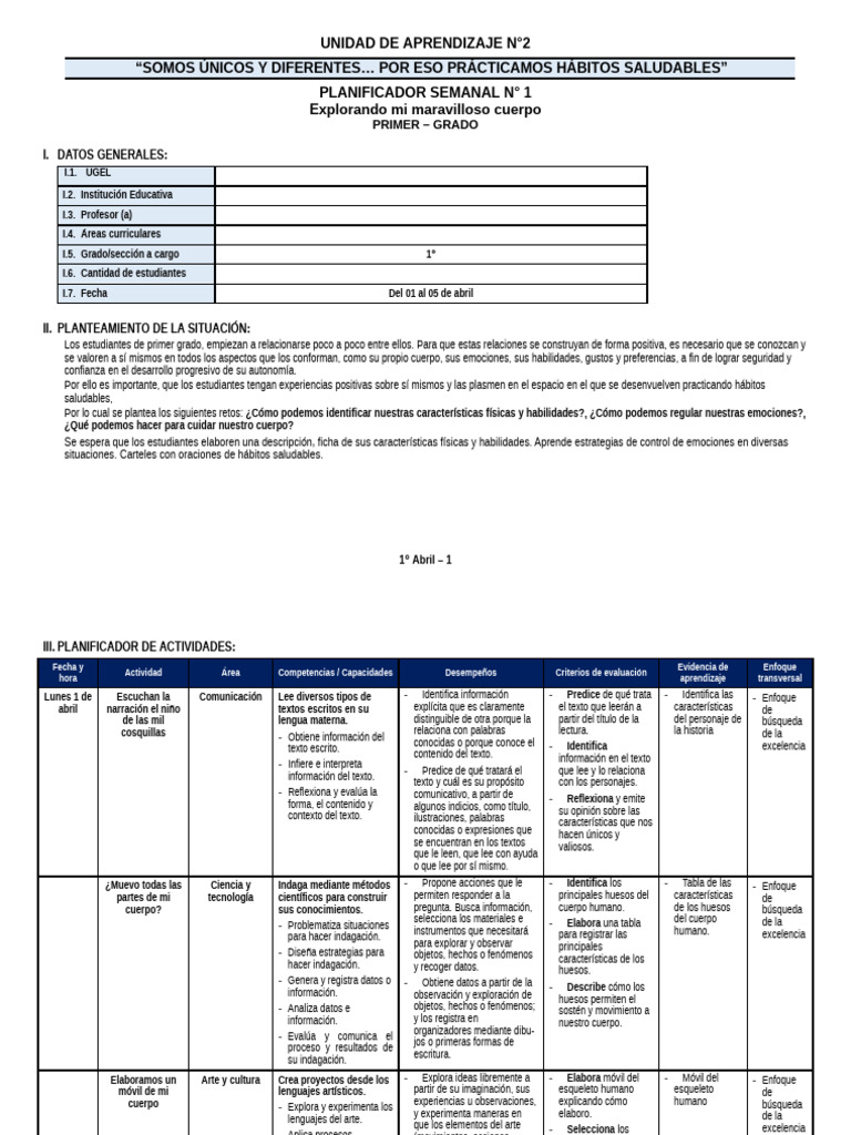1° - Grado - Planificador Semanal (Unidad) | PDF | Aprendizaje ...