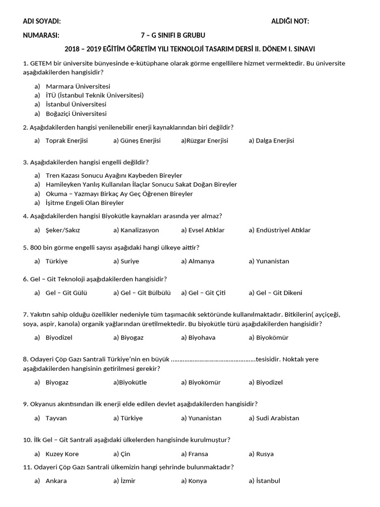 7 Sinif Teknoloji Tasarim 2 Donem 1 Yazili Sorulari | PDF