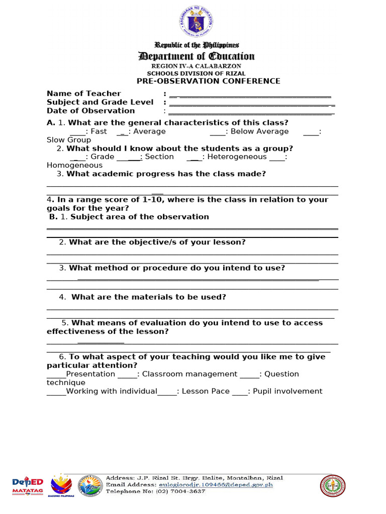 PRE POST Observation Form | PDF | Teachers | Classroom Management
