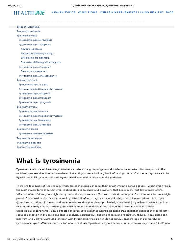 Tyrosinemia: Symptoms and Types | PDF | Clinical Medicine | Diseases ...