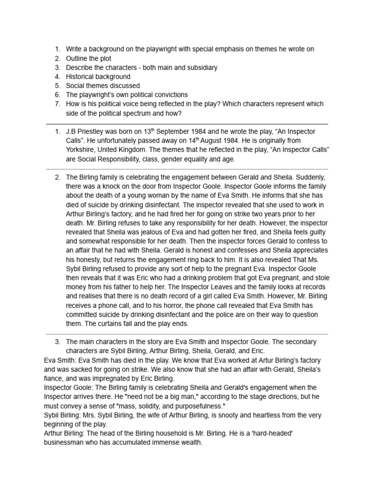 An Inspector Calls Notes and Practice Essays | PDF | Psychology