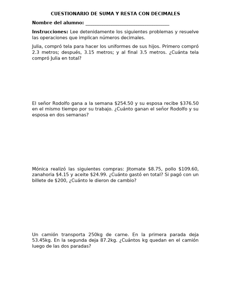 Cuestionario de Suma y Resta Con Decimales | PDF