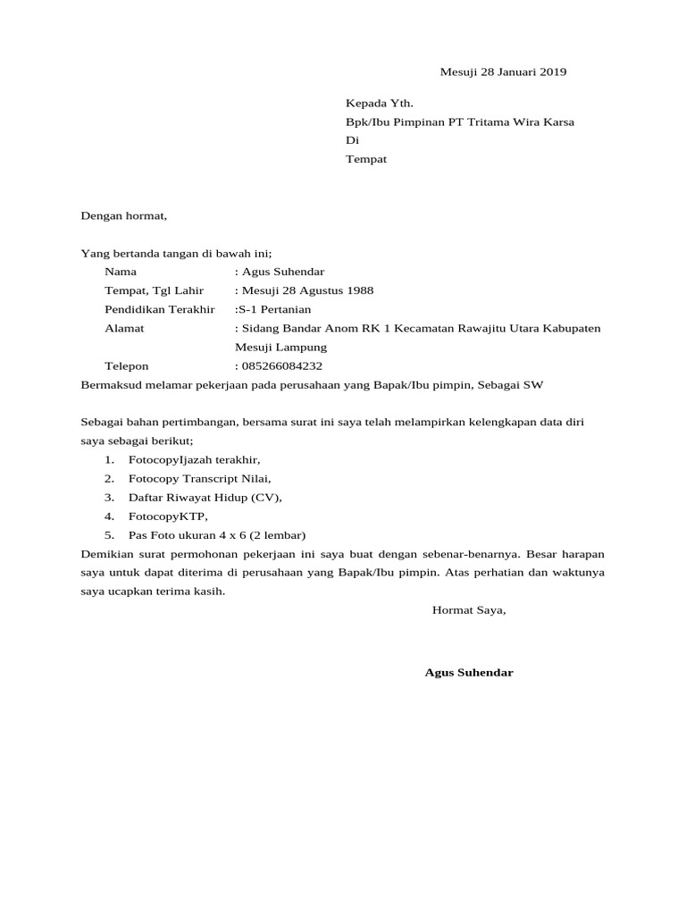 Lamaran Kerja Agus Suhendar di PT Tritama | PDF