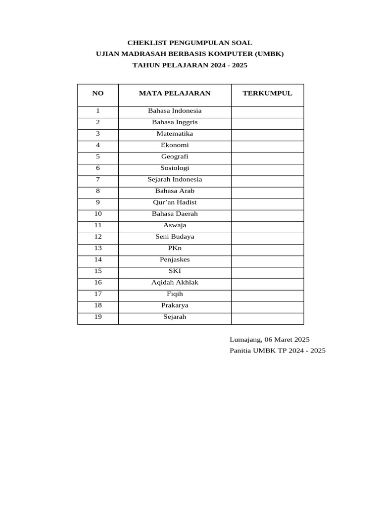 Cheklist Pengumpulan Soal | PDF