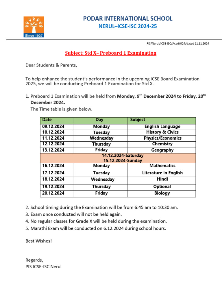 Std X Preboard 1 Exam Schedule 2024 | PDF