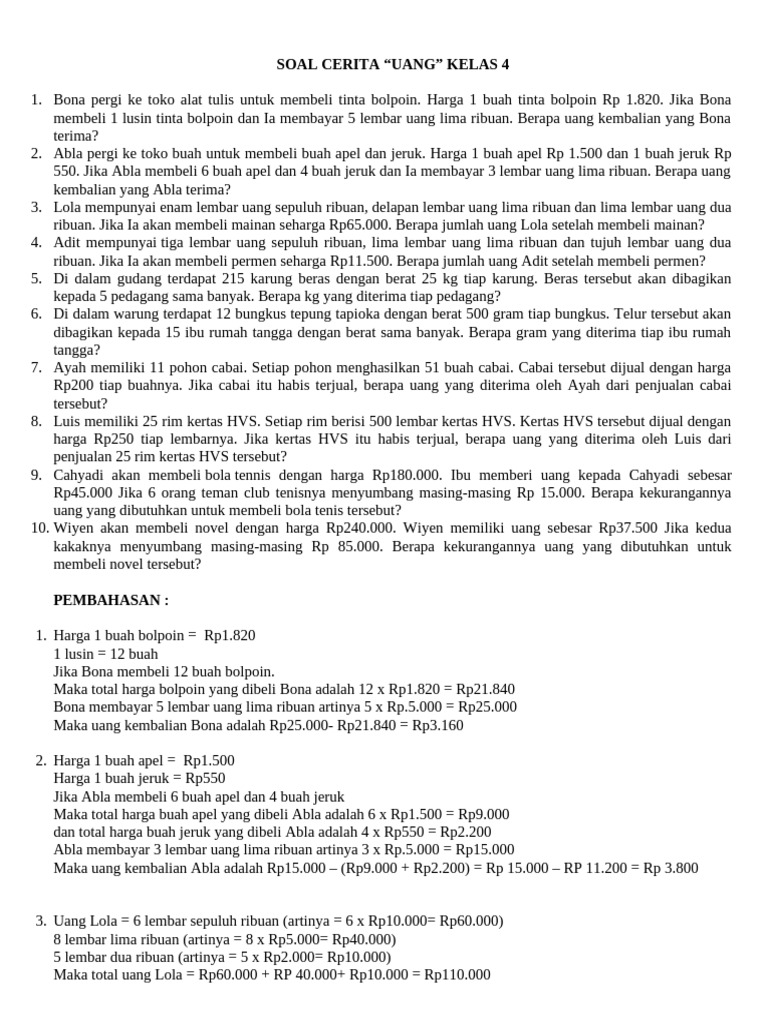 SOAL CERITA UANG +JWB | PDF