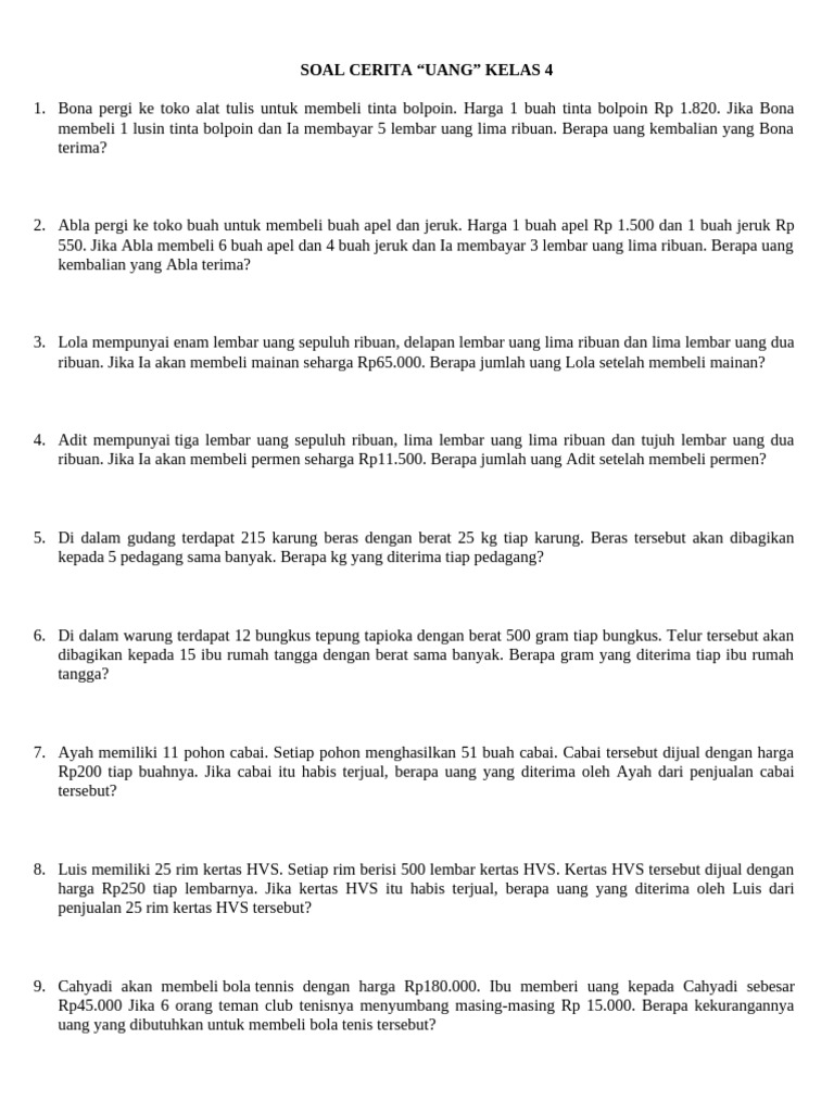 Soal Cerita Uang +JWB | PDF