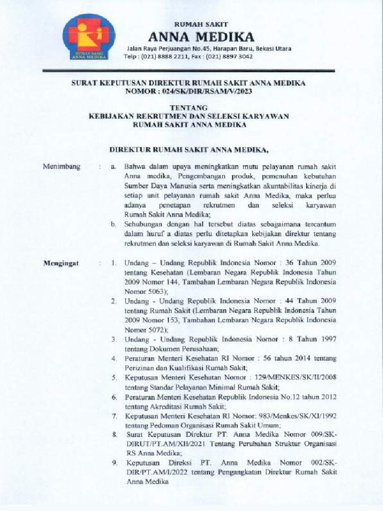 SK Kebijakan Rekrutmen Dan Seleksi Karyawan | PDF