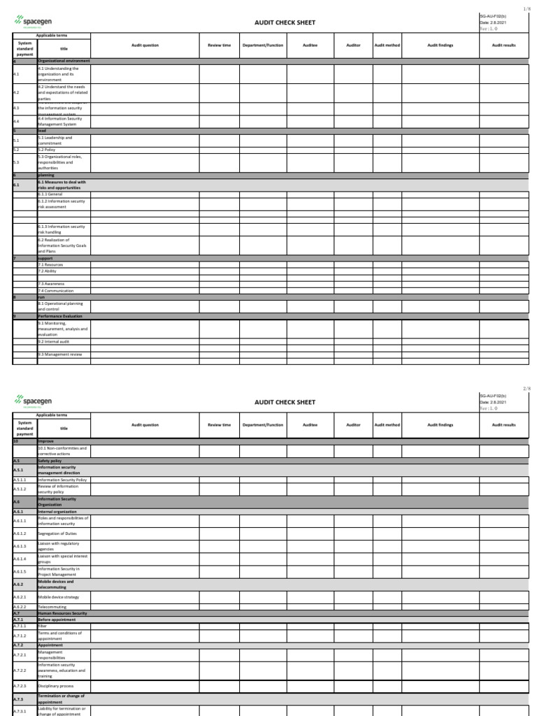 SG-AU-F02 (B) Audit Check Sheet++ | PDF | Information Security | Audit