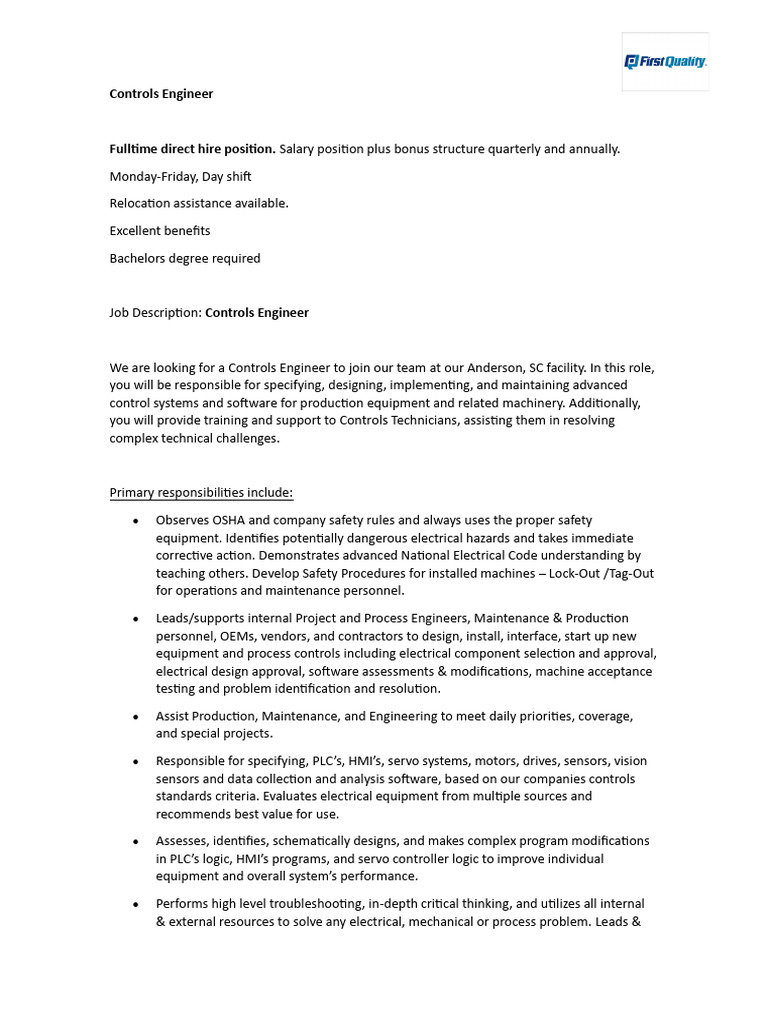 Job Description Controls Engineer | PDF | Programmable Logic Controller | Engineering