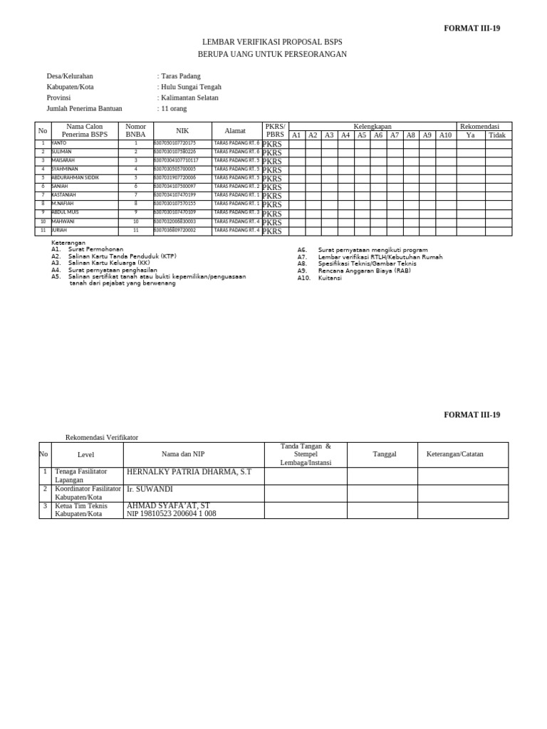 8) F-III-19 Lembar Verifikasi Proposal Bsps Taras | PDF