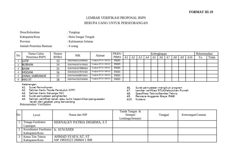8) F-III-19 Lembar Verifikasi Proposal Bsps Tungkup | PDF