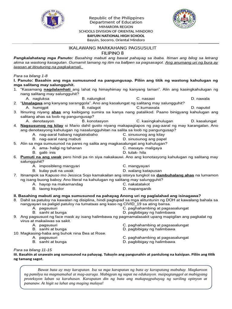 2nd PT Filipino 8 | PDF