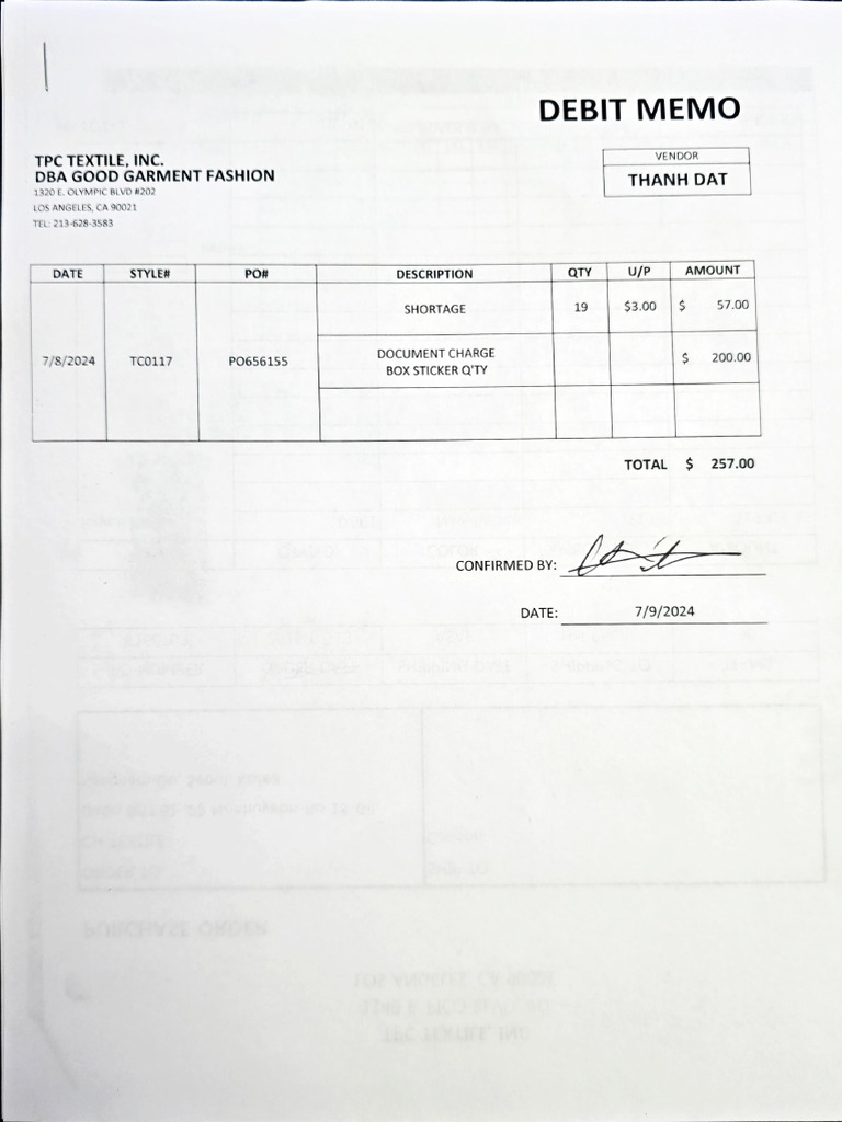 Debit Memo Thanh Dat 7-9-24 | PDF